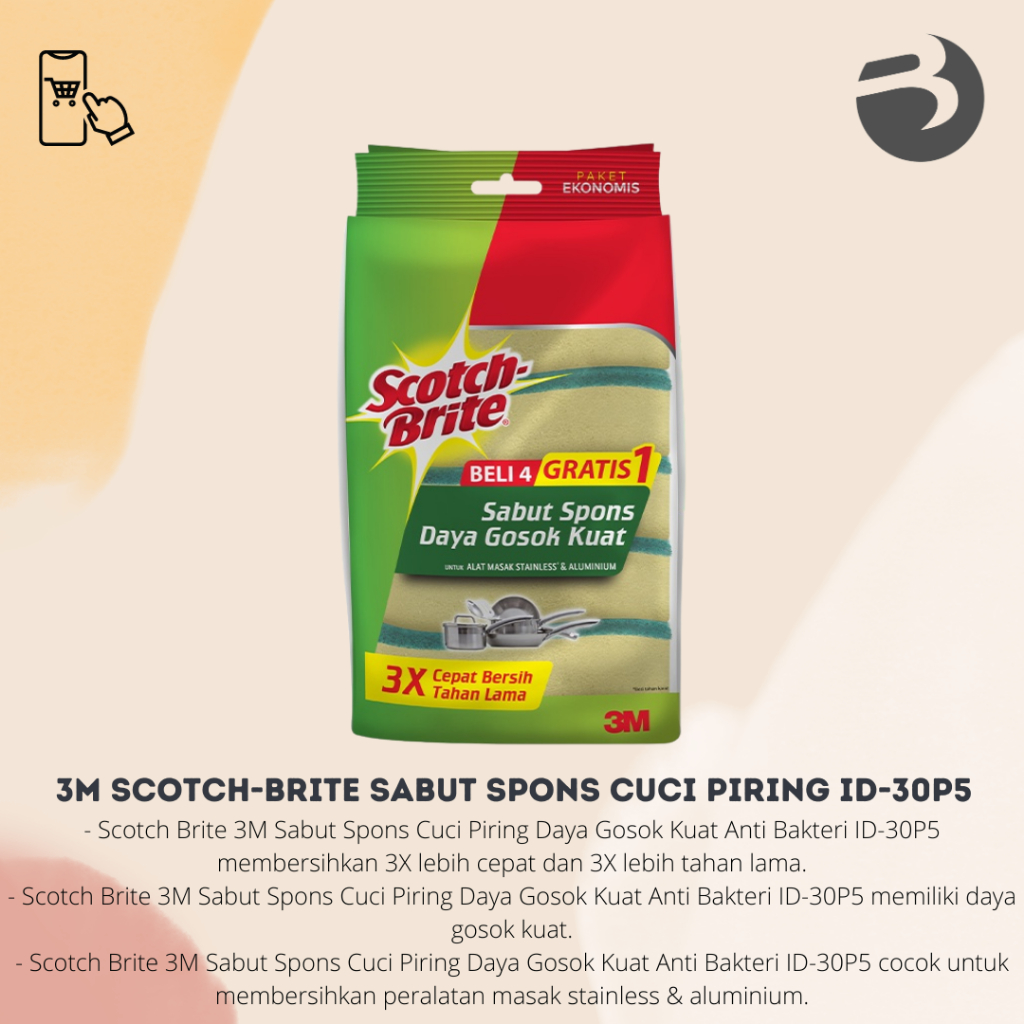 Jual 3M Scotch-Brite Sabut Spons Cuci Piring ID-30P5 / Value Pack ...