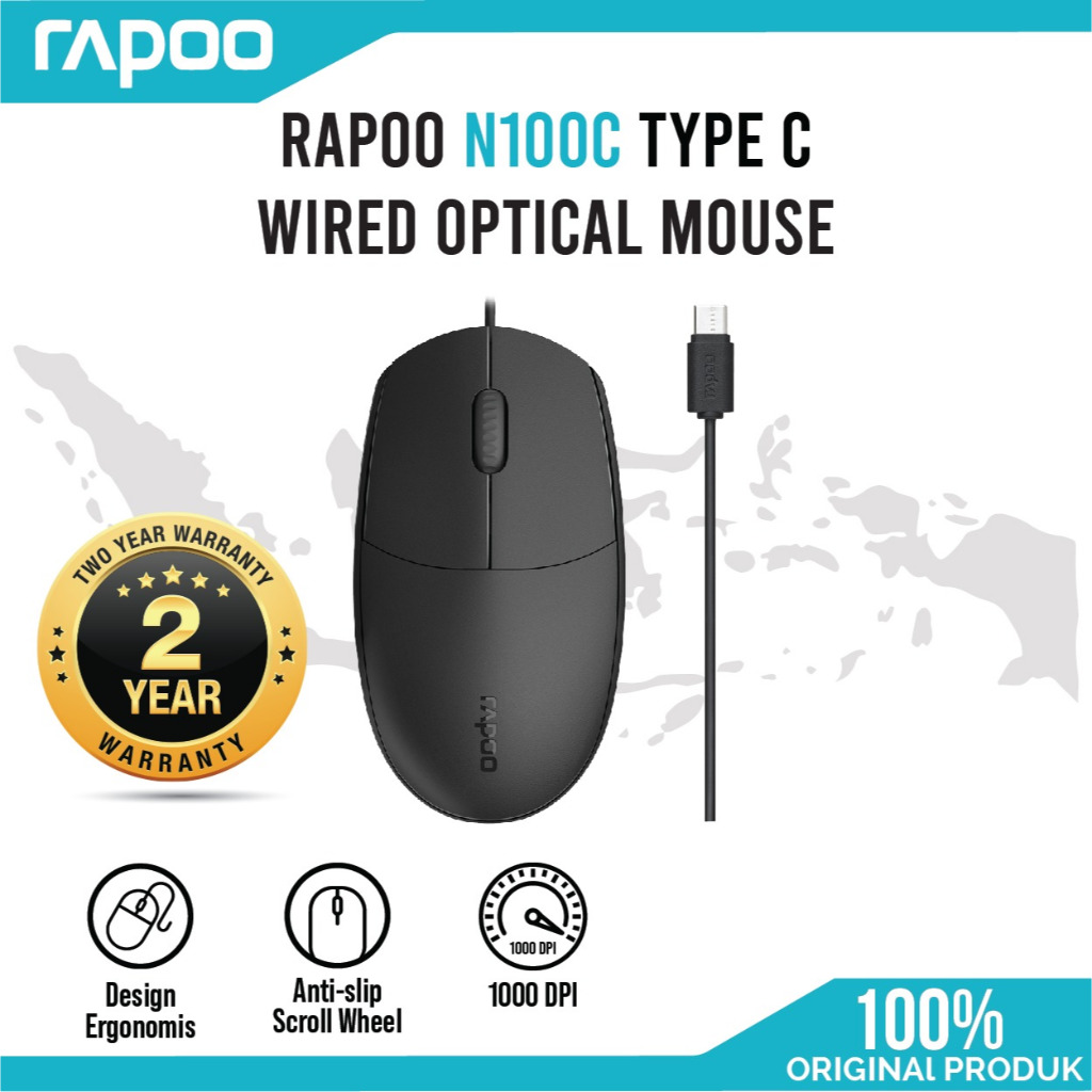 Jual Mouse RAPOO N100C Type-C Wired Optical ORIGINAL & GARANSI | Shopee Indonesia