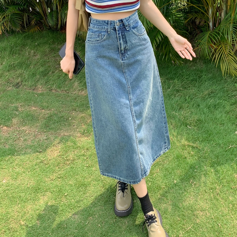 Jual Korean Style High Waist 3/4 A-Line Midi Rok Denim Jeans Wanita ...