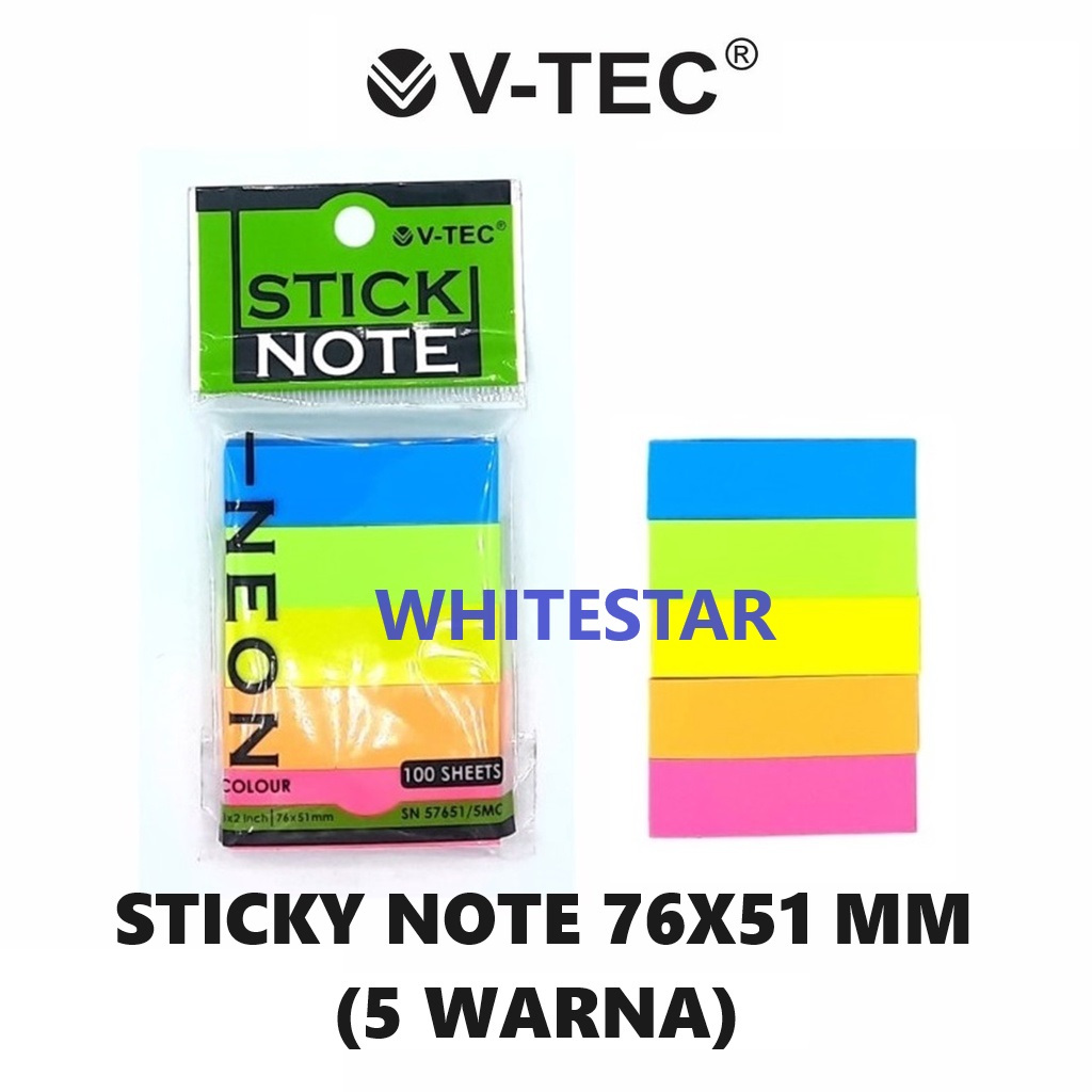 Jual pembatas stick / sticky note notes v-tec 5 warna 76 x 51 mm ...