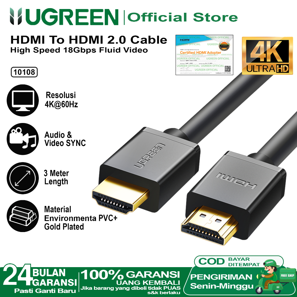 Jual UGREEN Kabel HDMI To HDMI Ultra HD 4K, UGREEN Kabel HDMI To VGA ...