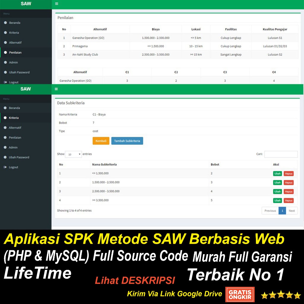 Jual Aplikasi SPK Metode SAW Berbasis Web (PHP & MySQL) Full Source Code | Shopee Indonesia