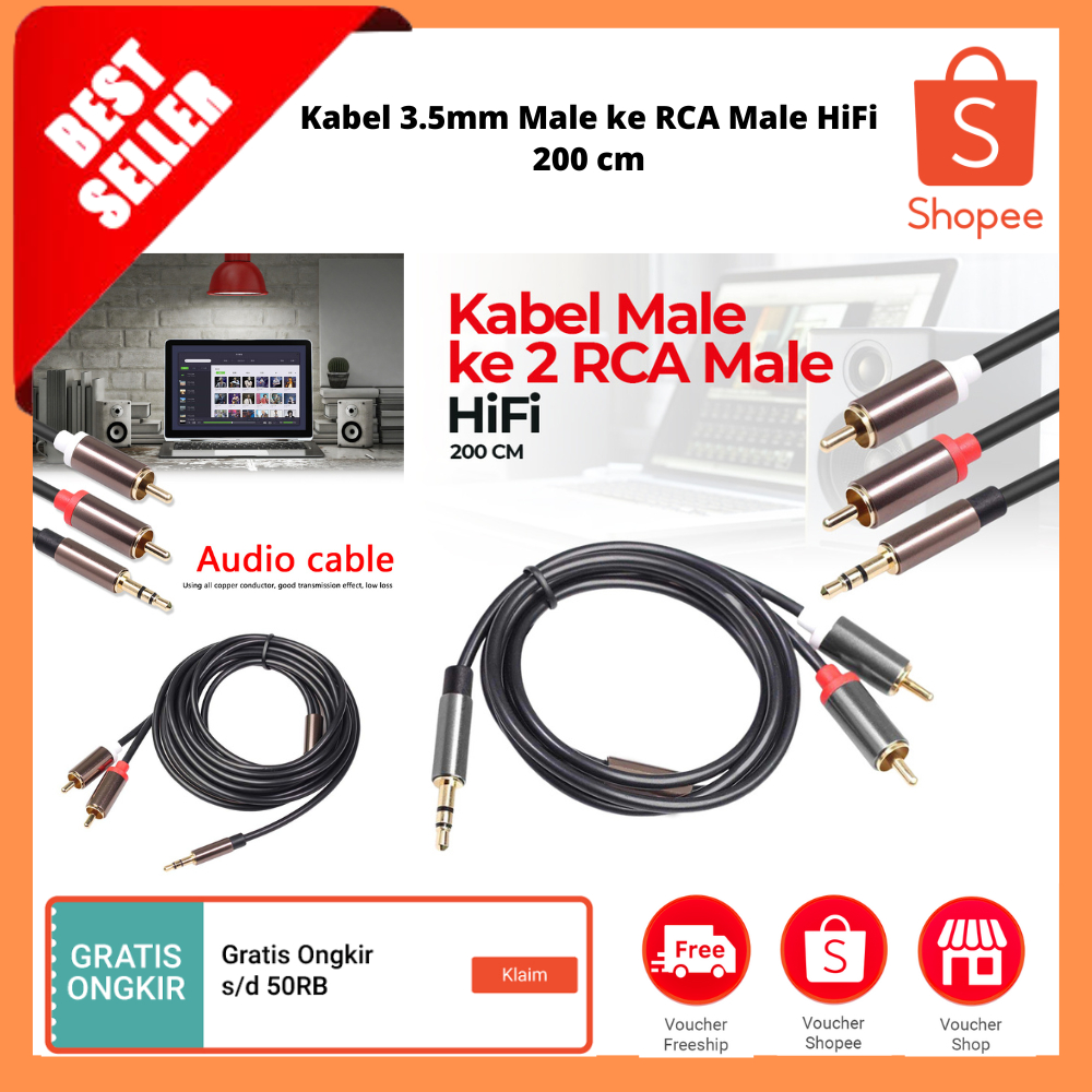 Jual Kabel 3.5mm Male ke RCA Male HiFi 200 cm / Kabel Audio Headphone ...