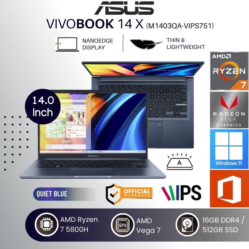 Jual ASUS VivoBook 14X M1403QA-VIPS751 - Quiet Blue [AMD Ryzen 7 5800H / AMD Vega 7 / 16GB ...