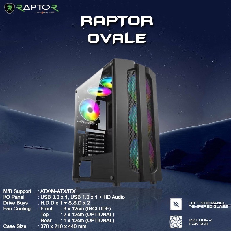 Jual CASING GAMING RAPTOR OVALE BLACK + 3 FAN RGB | Shopee Indonesia