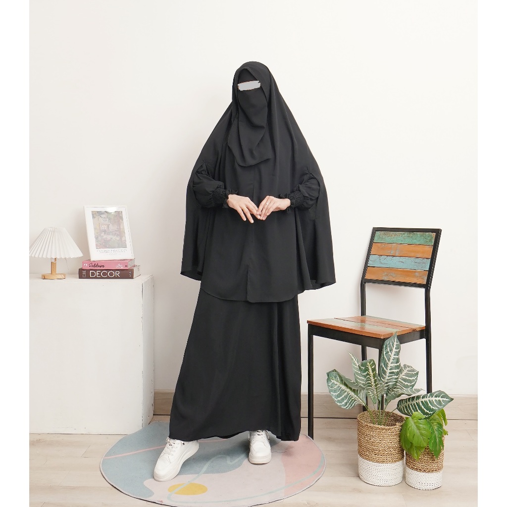 Jual Asiyah Set Gamis Syari Setelan Jilbab Cadar Dengan manset Smock Kerut Bahan Woolpeach Lux ...