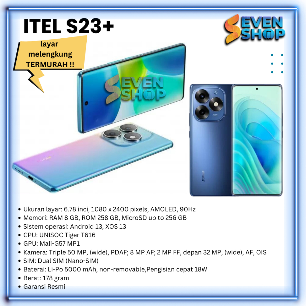 Jual ITEL S23+ 8/256GB LAYAR MELENGKUNG TERMURAH GARANSI RESMI | Shopee ...