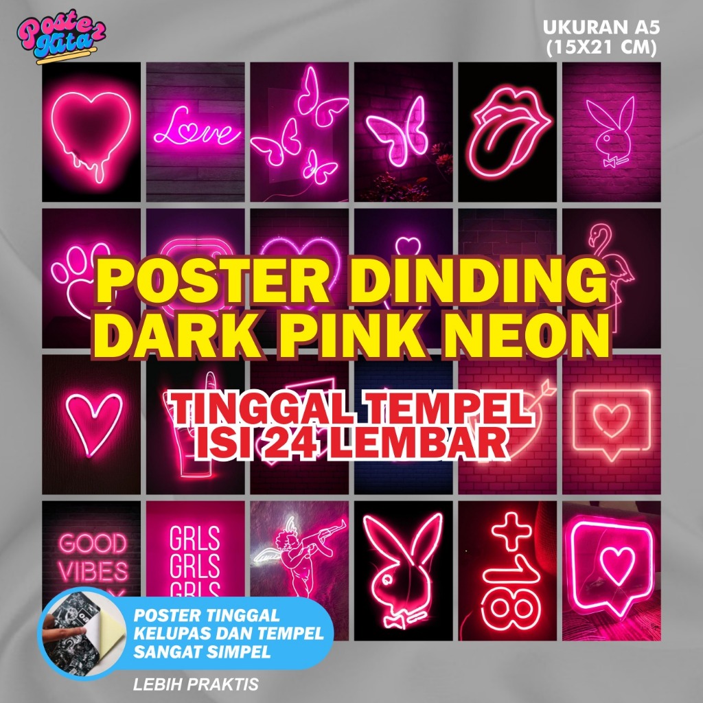 Jual (24 PCS) Poster Dinding Aesthetic Dark Pink Neon Poster Aesthetic ...