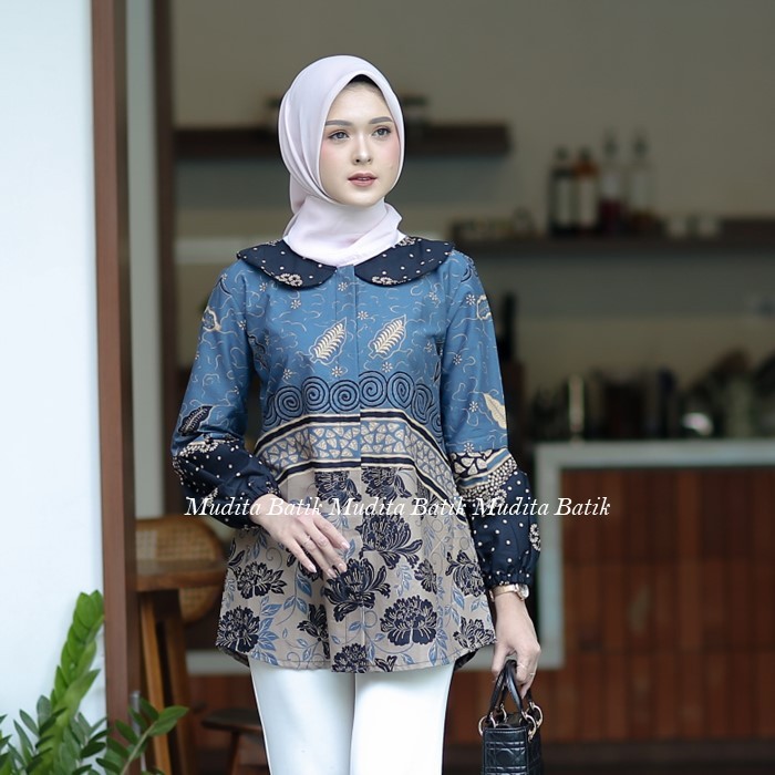 Jual Batik Mudita Motif Kamalia Biru Batik Kerja Wanita Lengan Panjang ...