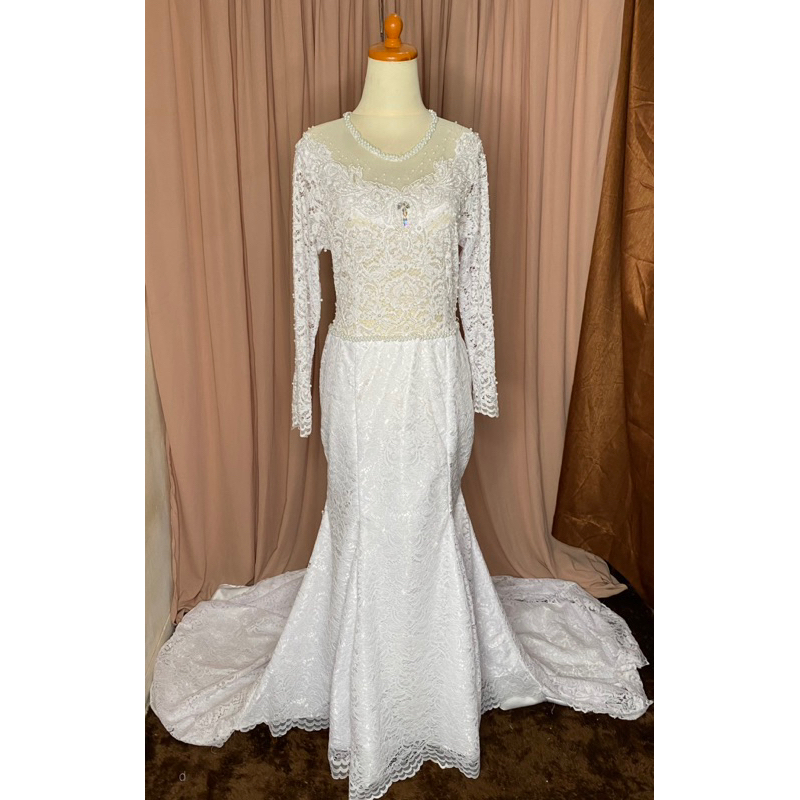Jual preloved dress wedding akad resepsi putih bersih ekor payet full ...