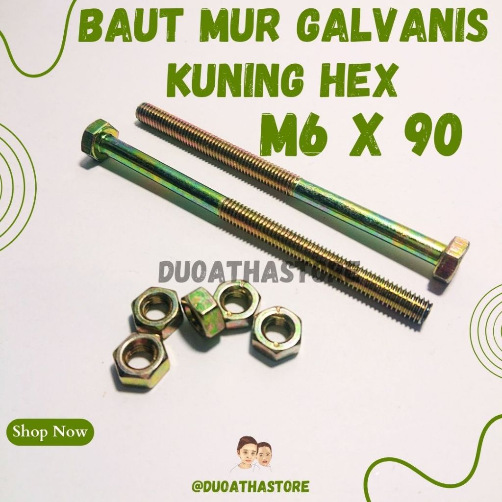 Jual M6x90 Baut Mur Kuning BMK Hex M6 x 90 Galvanis HT Kunci 10 | Shopee Indonesia