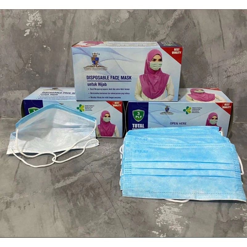 Jual Masker 3 Ply Dispo Hijab Headloop Pmi Warna Biru Isi 50 Pcs ...