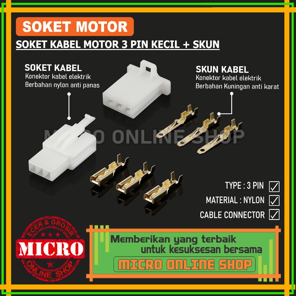 Jual PAKET 3 PASANG Socket Motor 3 Pin Kecil + Skun / Soket Kabel Motor ...