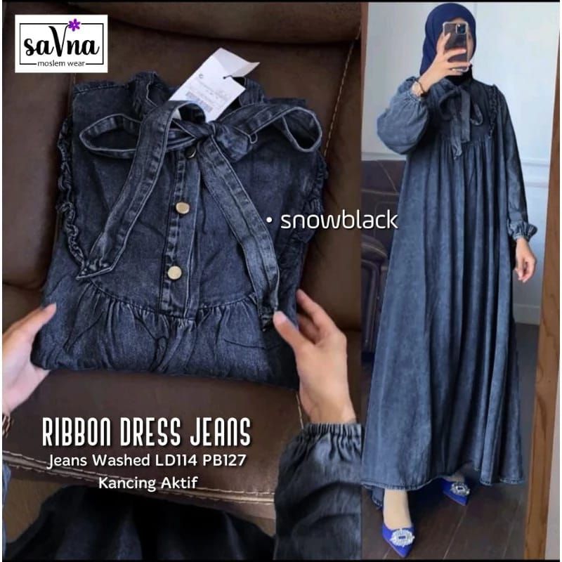 Jual COD-Gamis Jeans Jumbo Ribbon Dress Jeans Wash Premium/Baju Gamis ...