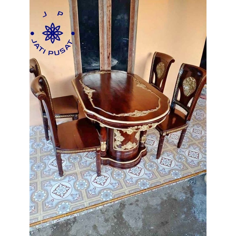 Jual Meja makan ukir set 4 kursi kayu jati minimalis | Shopee Indonesia