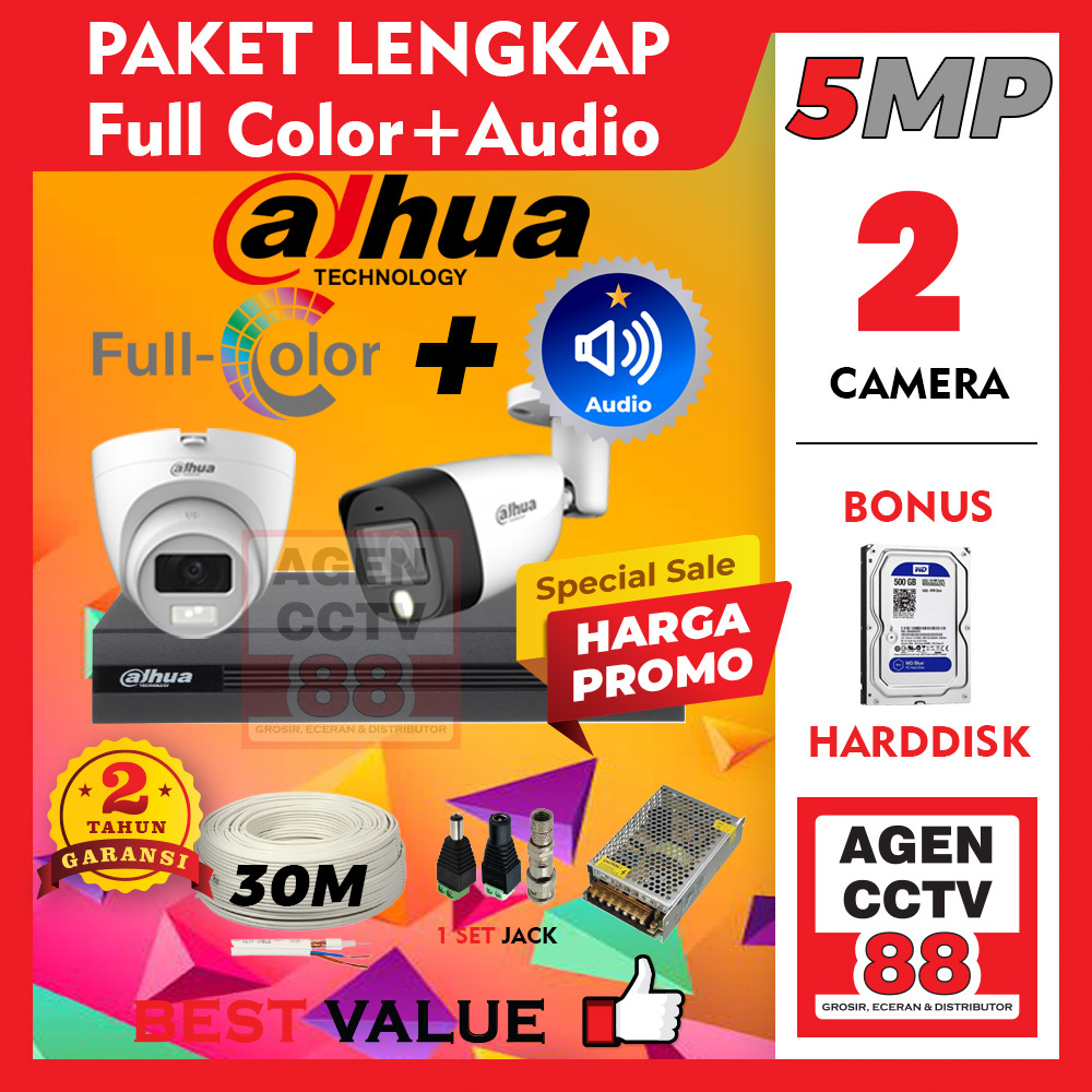 Jual Paket cctv DAHUA Full Color Colorvu AUDIO 2 Channel Kamera 2CH 5MP ...