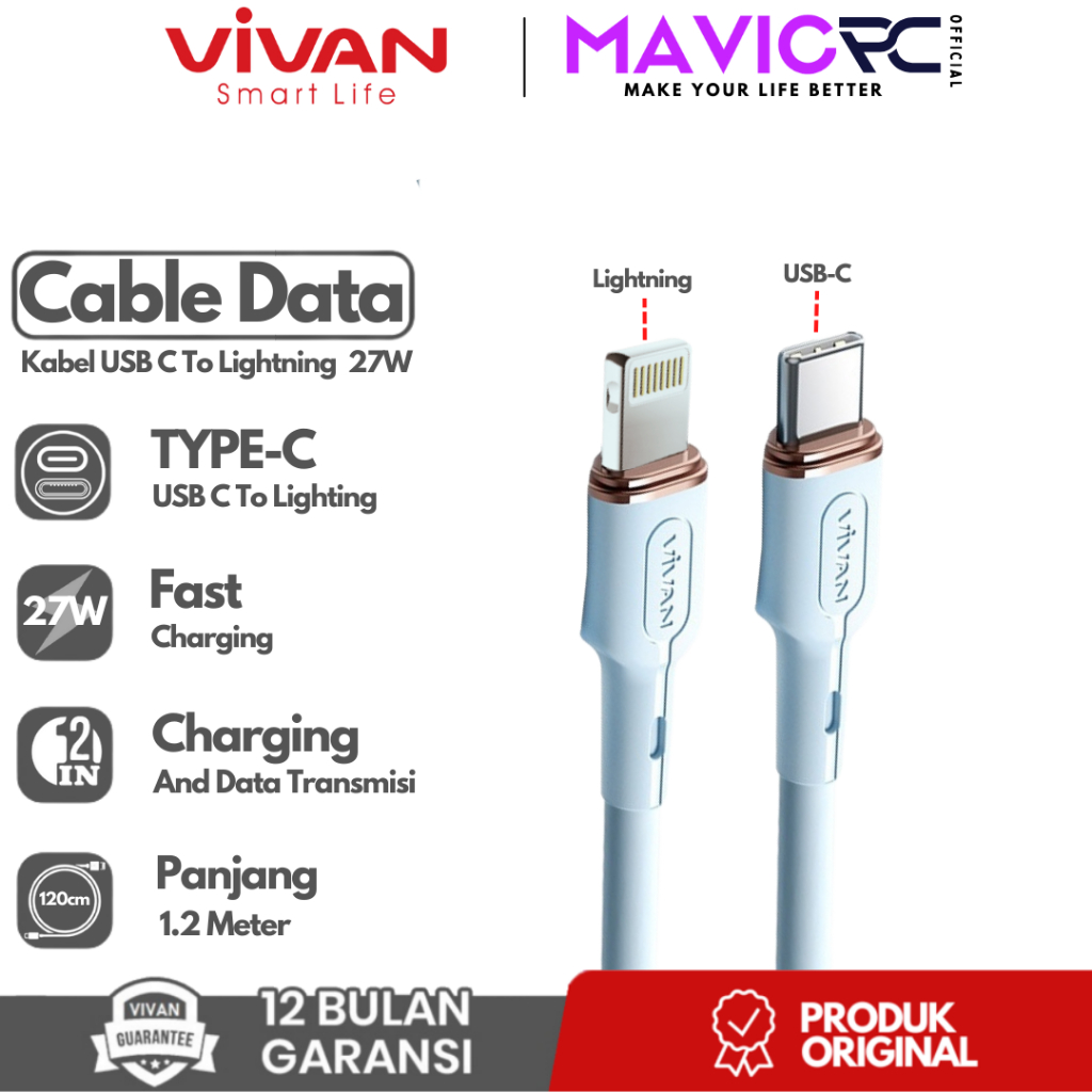 Jual VIVAN VSCL120S Kabel Cable Data Charging Type C to Lightning Iphone 27W 120cm - Garansi ...