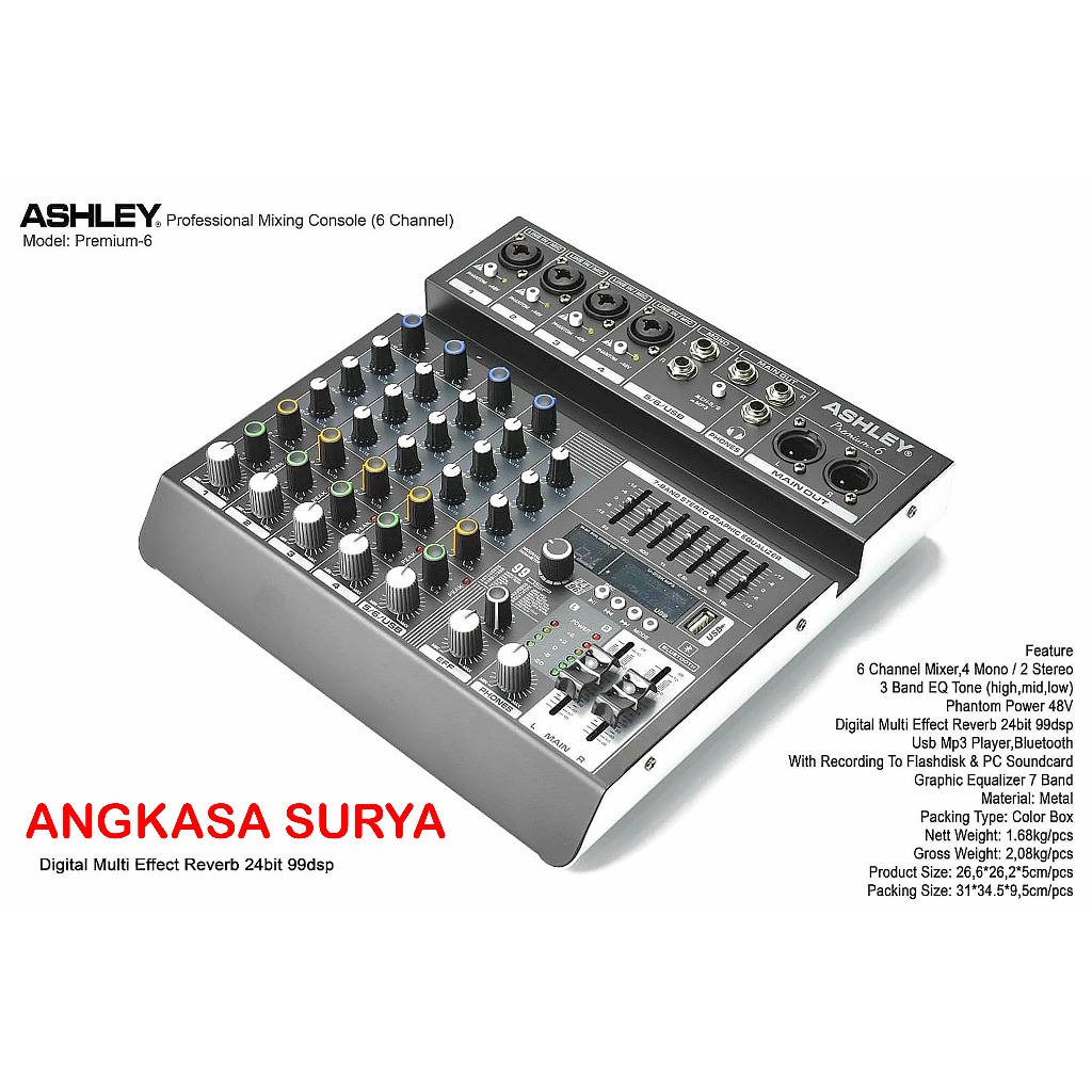 Jual MIXER AUDIO ASHLEY PREMIUM 6 / MIXER 6 CHANNEL ASHLEY PREMIUM6 Equalizer Original Reverb 24 ...