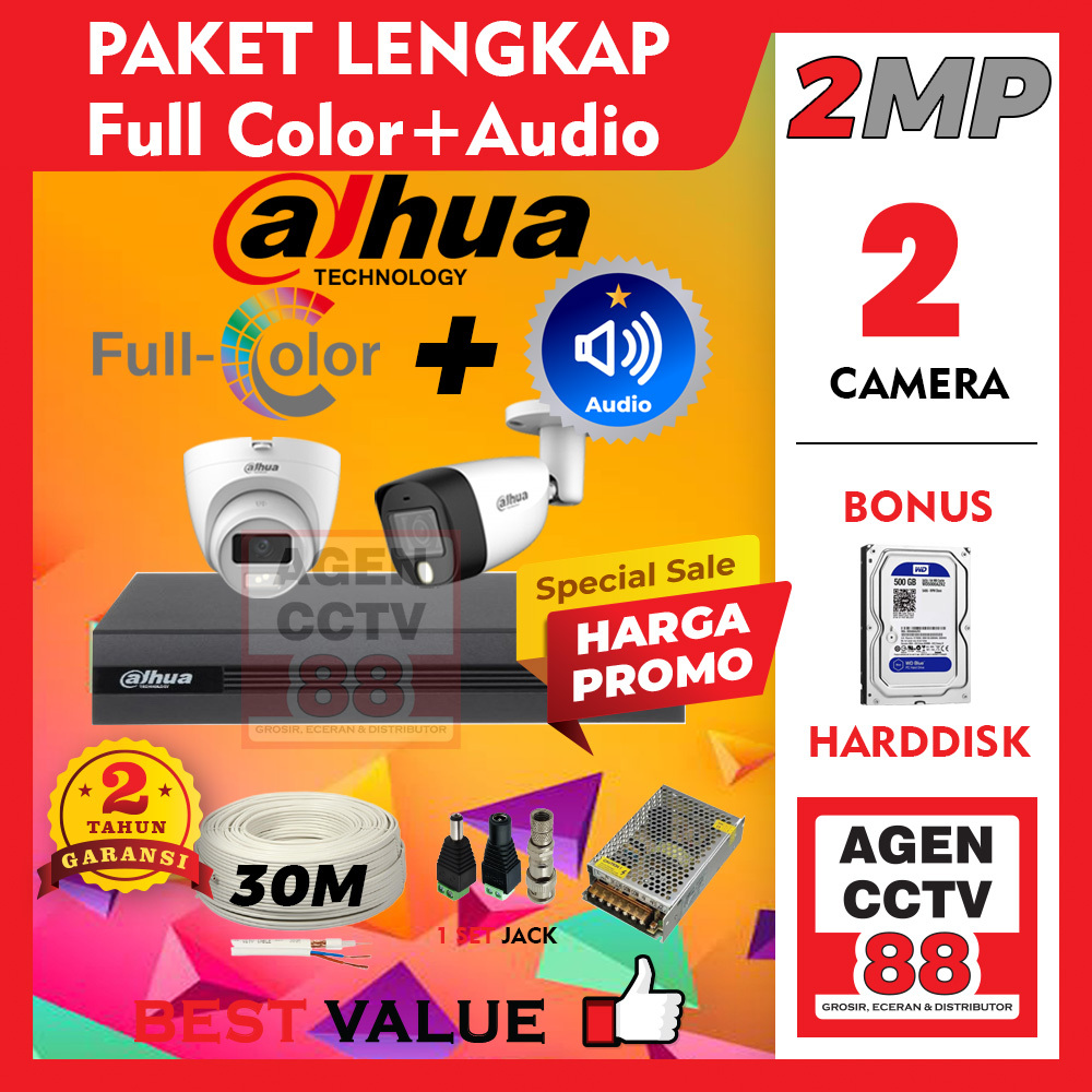 Jual Paket 2 cctv Kamera DAHUA 2CH Full Color Audio 2MP Colorvu Lengkap ...