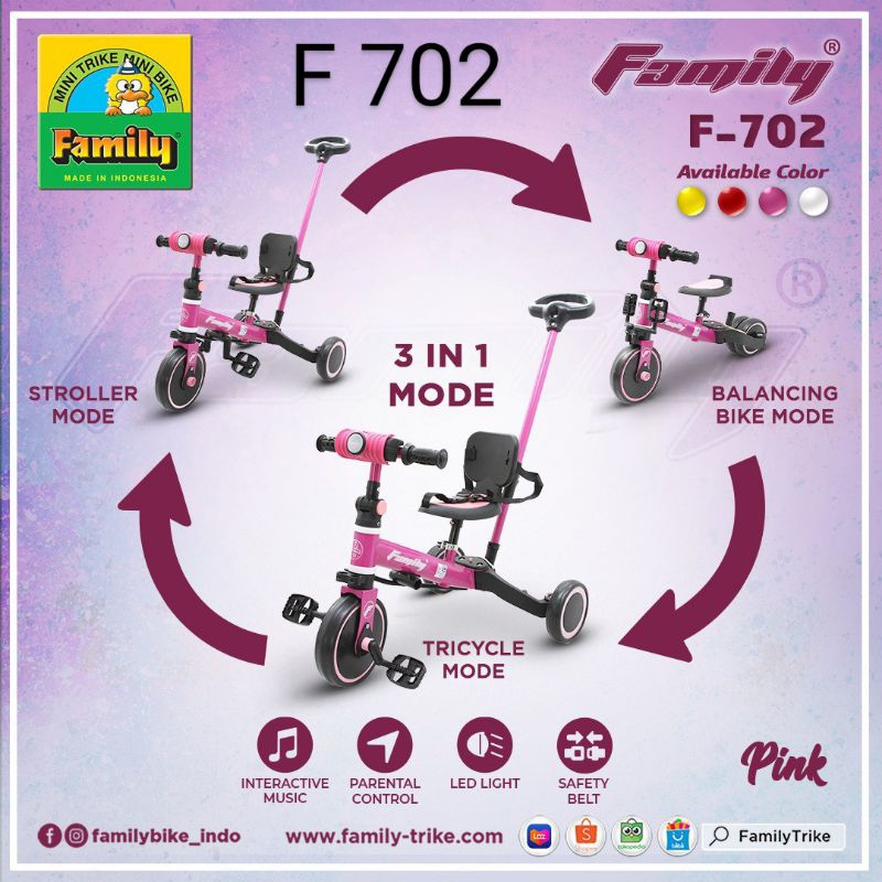 Jual Sepeda roda 3 Family F 702 balance bike f702 sepeda roda tiga plus musik ban eva | Shopee ...