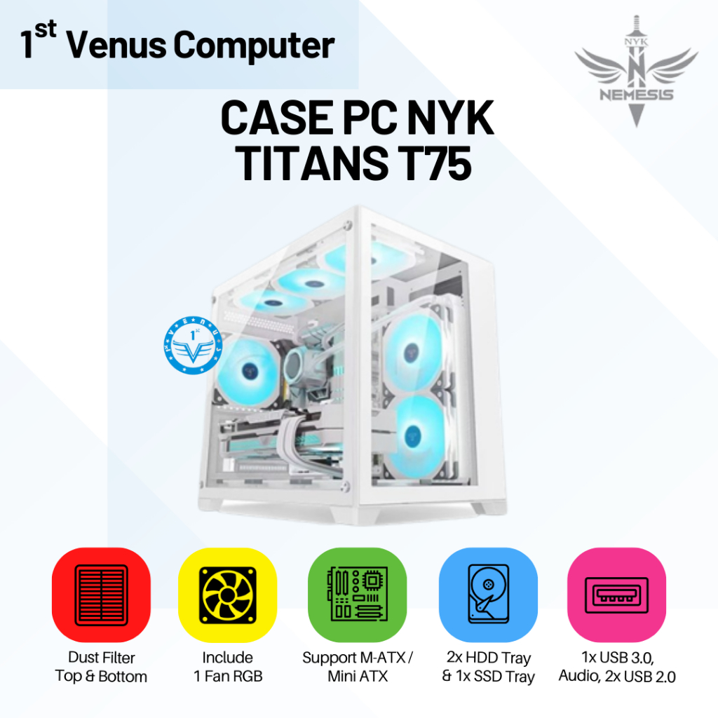 Jual CASE PC NYK NEMESIS TITANS T75 WHITE + 1 FAN RGB / GAMING CASING ...