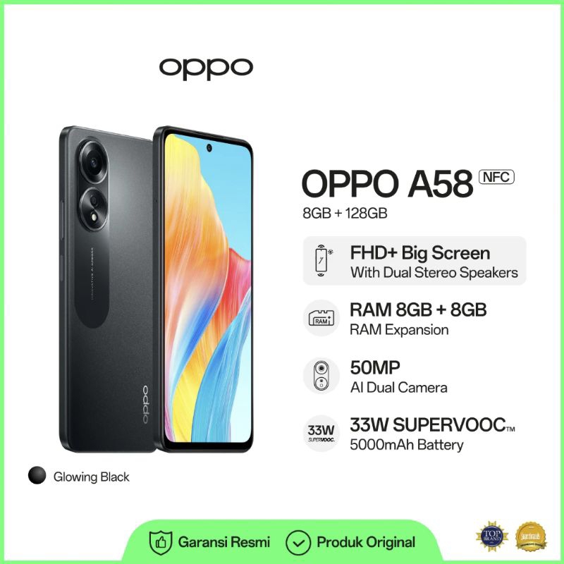 Jual OPPO A58 NFC 8/128GB BLACK [ 8GB + 8GB RAM EXPANSION , 5000MAH ...