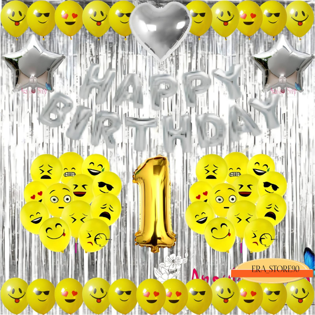 Jual Paket Set Pesta Ulang Tahun Tirai Silver Dan Putih Balon Emoji ...