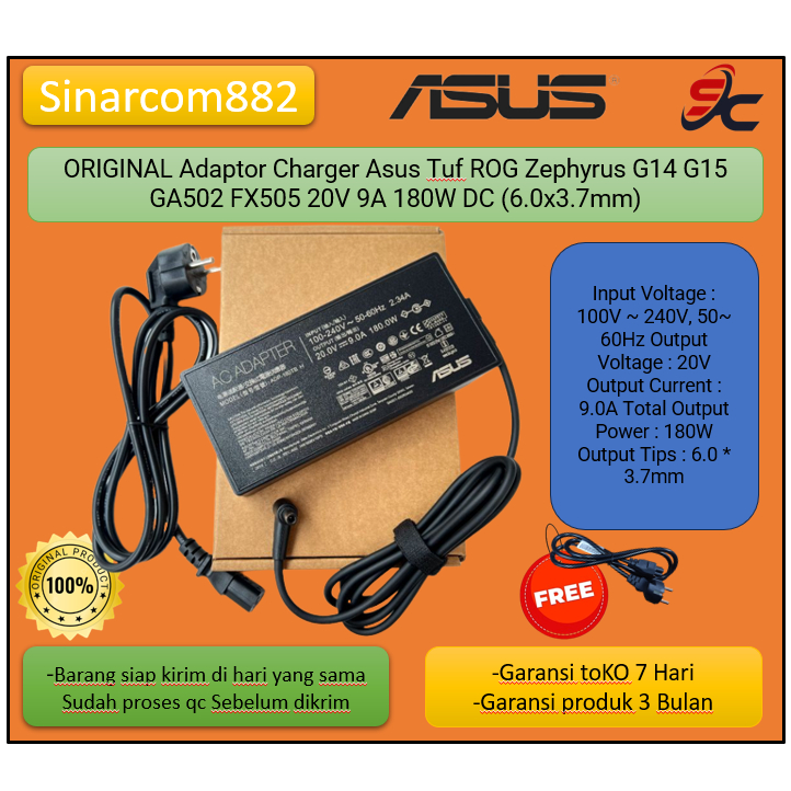 Jual ORIGINAL Adaptor Charger Asus Tuf ROG Zephyrus G14 G15 GA502 FX505 20V 9A 180W DC (6.0x3 ...
