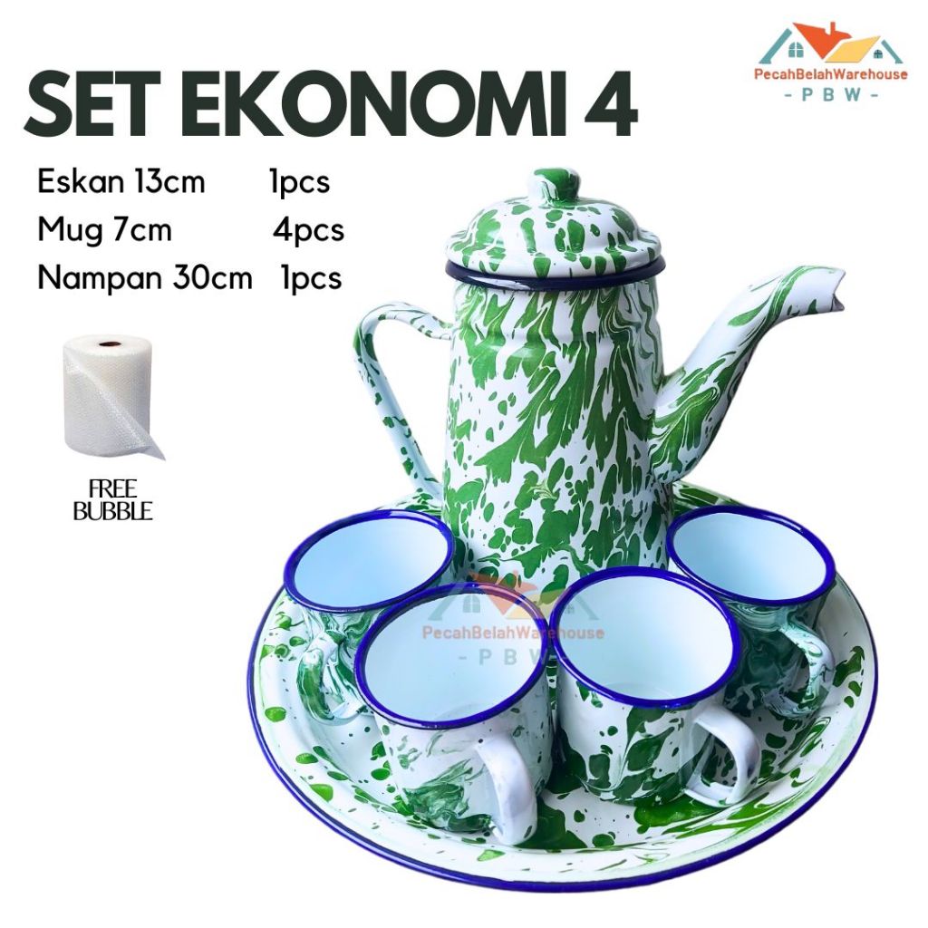 Jual [Free Bubble] Set Ekonomi 4 / Teko Cangkir Blirik Set Enamel Seng ...