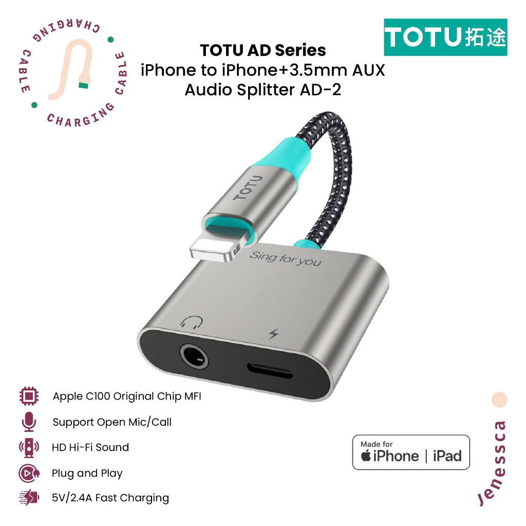 Jual TOTU iPhone Audio Converter Lightning 3.5mm AUX Splitter SUPPORT CALL ON MIC | Shopee Indonesia