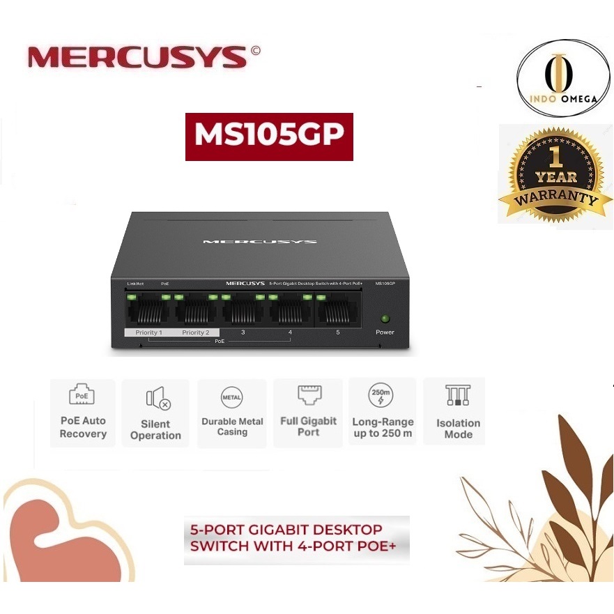 Jual MERCUSYS MS105GP 5-PORT GIGABIT DESKTOP SWITCH WITH 4-PORT PoE+ ...