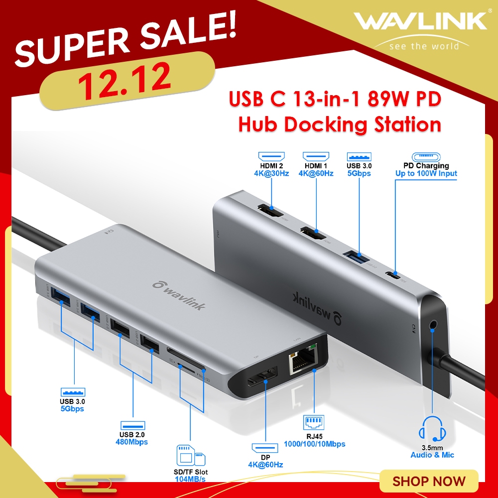 Jual Wavlink USB C 13-in-1 Hub/ Docking Station, Triple Display Type-C Adapter with 2xHDMI and ...