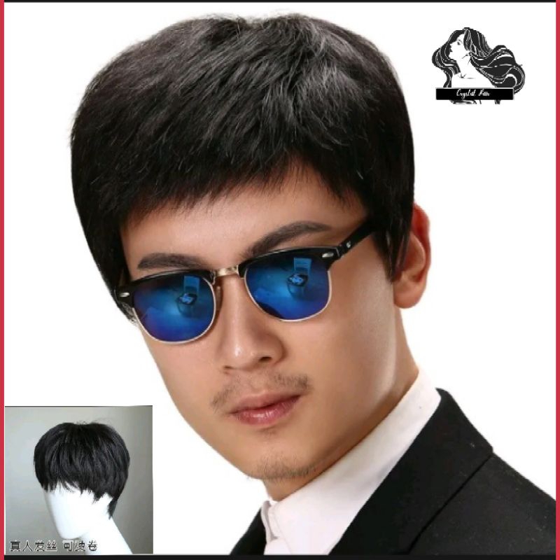 Jual Full Wig pria sejati poni pendek rambut palsu warna hitam alami ...