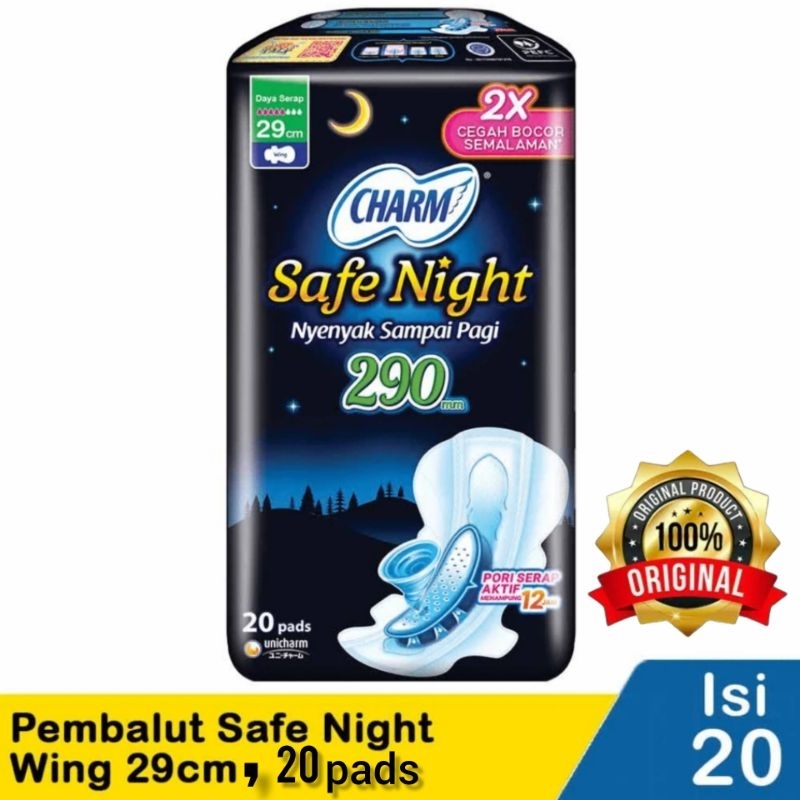 Jual CHARM Pembalut Safe Night 29cm Wing 20 pads, 100% ORIGINAL ...