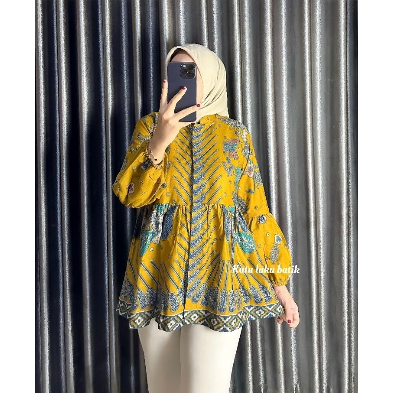 Jual Atasan batik wanita Blus batik lengan balon model peplum payung ...