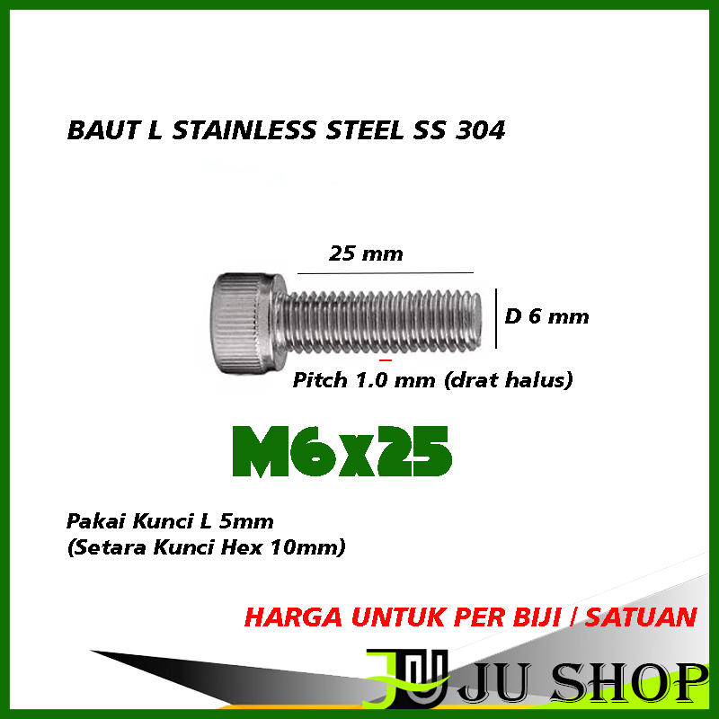Jual Baut L M6x25 (HALUS) (KUNCI 10MM / kunci L 5MM) stainless steel M6 x 25 SS304 (HARGA PER ...