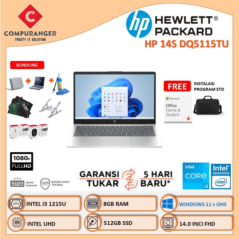 Jual Laptop HP core i3 gen12 1215u 8gb ssd 512gb 14.0 inci DQ5115TU ...