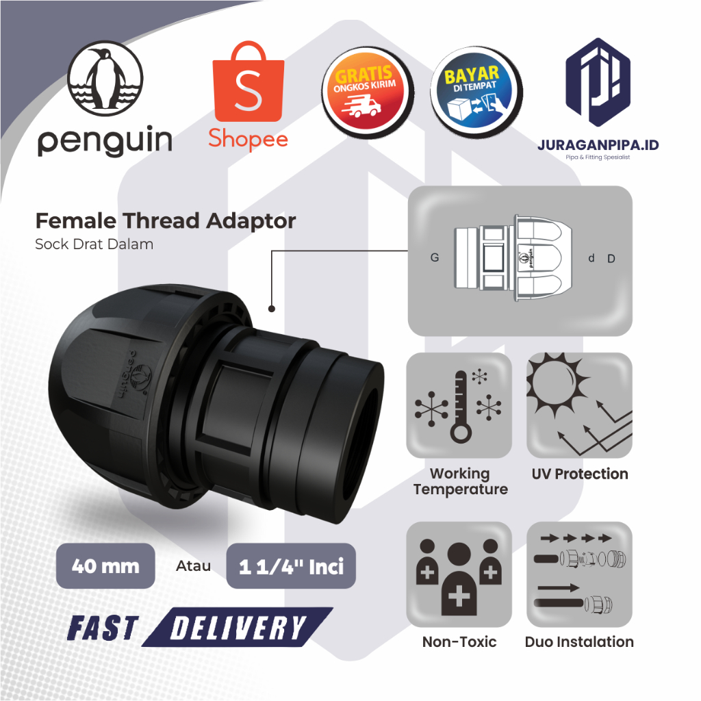 Jual Sambungan Pipa HDPE ~ Female Adaptor atau Shock Drat Dalam Penguin 40 mm x 1 1/4" | Shopee ...