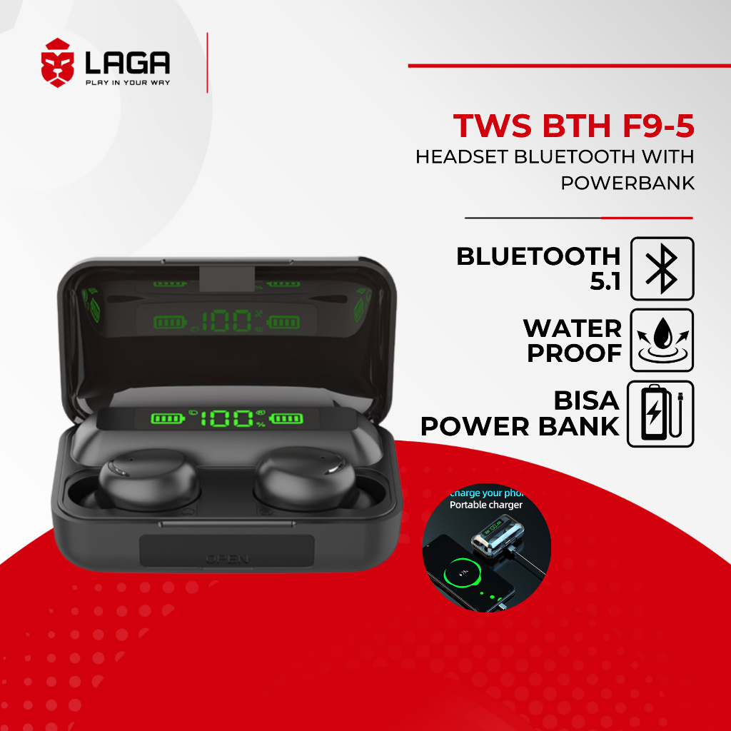 Jual HEADSET EARPHONE BLUETOOTH TWS F9 2IN1 POWERBANK 3500mAh ON MIC HIFI STEREO CALLING MUSIC ...