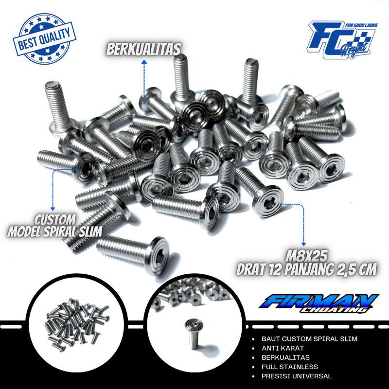 Jual BAUT BUBUT SPIRAL STAINLES M8x25 DRAT 12 PANJANG 2,5 CM ANTI KARAT (1Pcs) | Shopee Indonesia