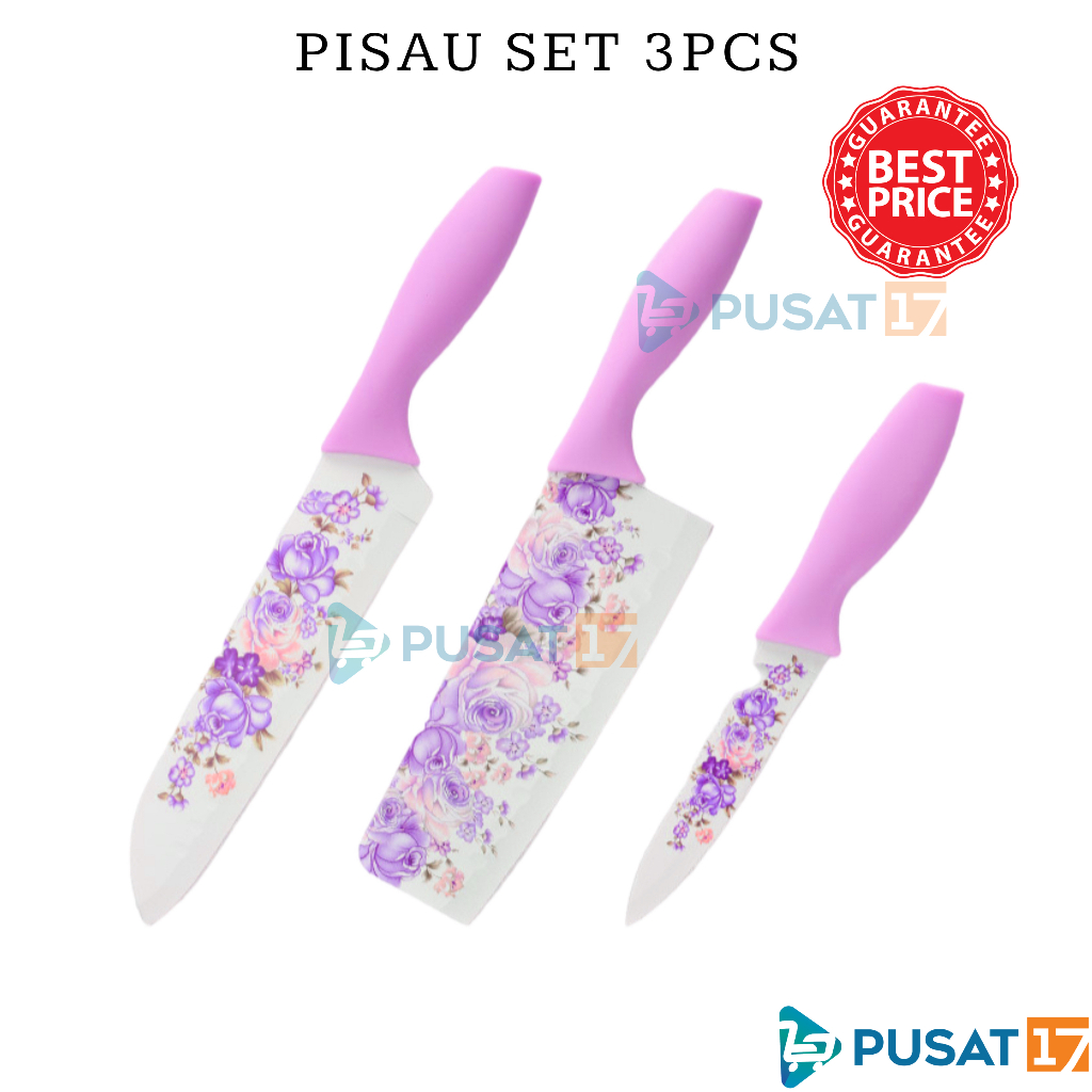 Jual PUSAT17 PISAU DAPUR SET 3PCS MOTIF BUNGA STAINLESS / PISAU SET ...