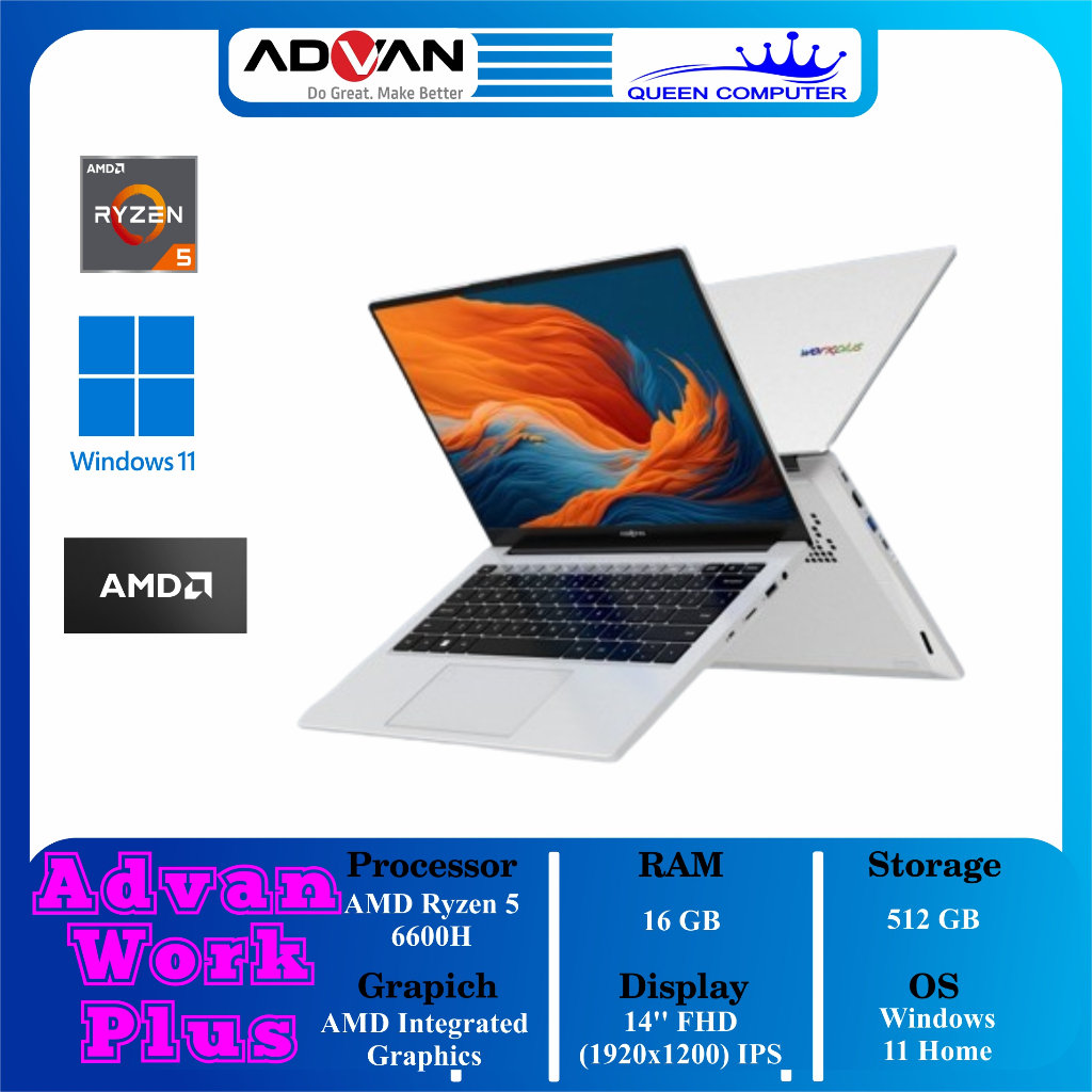 Jual Laptop Advan Work PLus Ryzen 5 6600H 16GB 512G W11 Home Silver ...