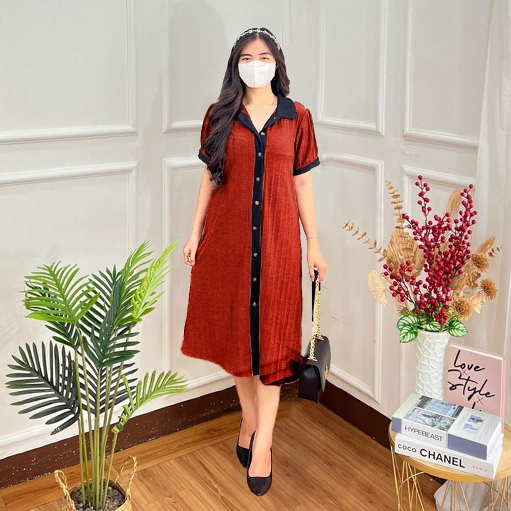 Jual Clara Daily Dress Wanita Korean Style Kaual Knit V-Neck Polos ...