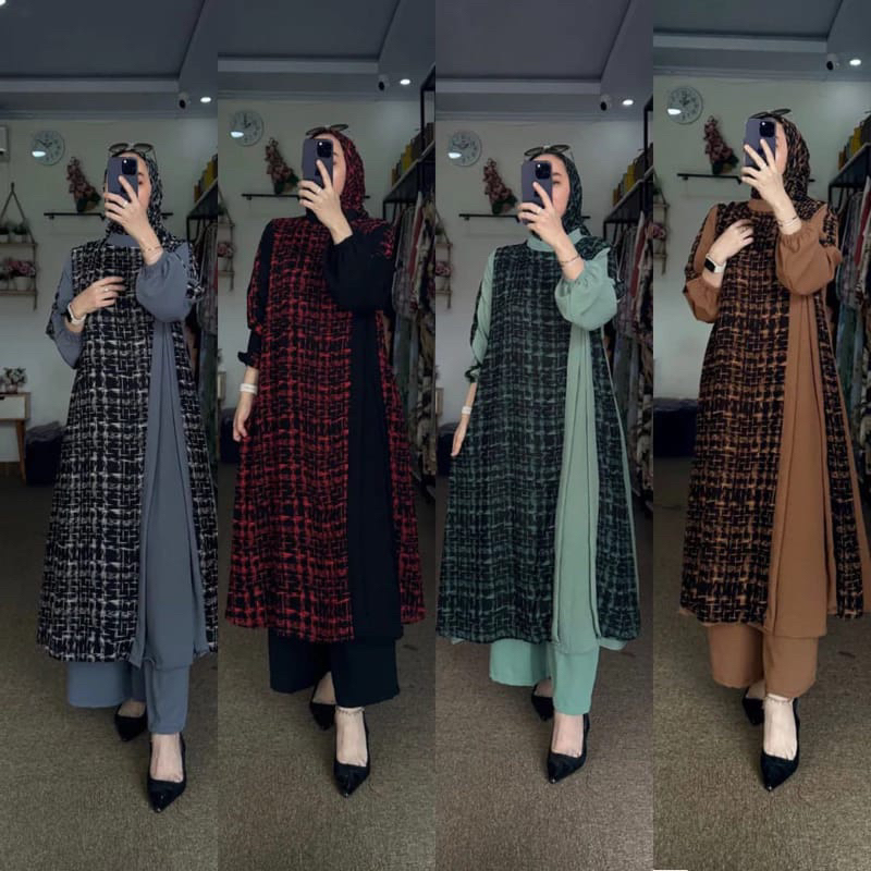 Jual Set Midi Crinkle Mix Ceruty 3 in 1 One Set Tunik Mareva Setelan ...