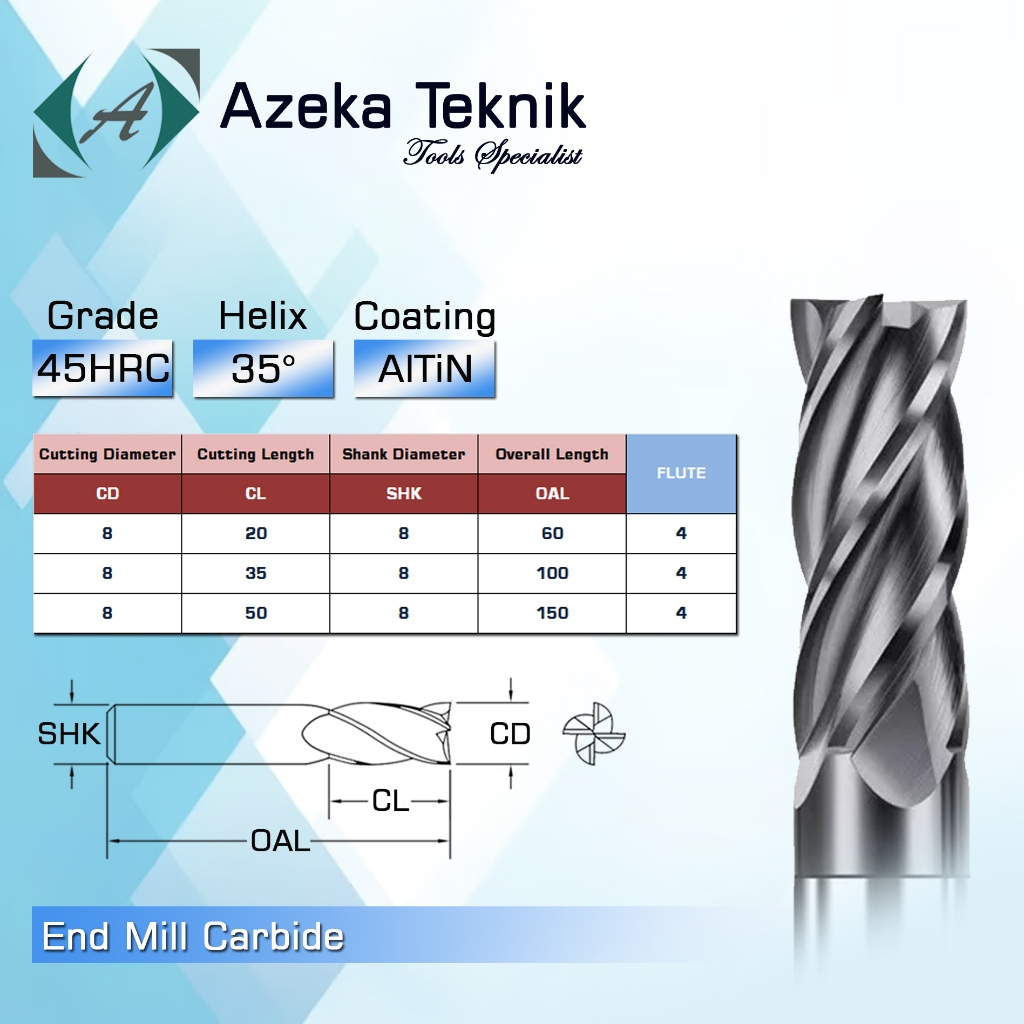 Jual Endmill 8 mm Shank 8 mm long 60 I 100 I 150 mm Flute 4 HRC45 ...