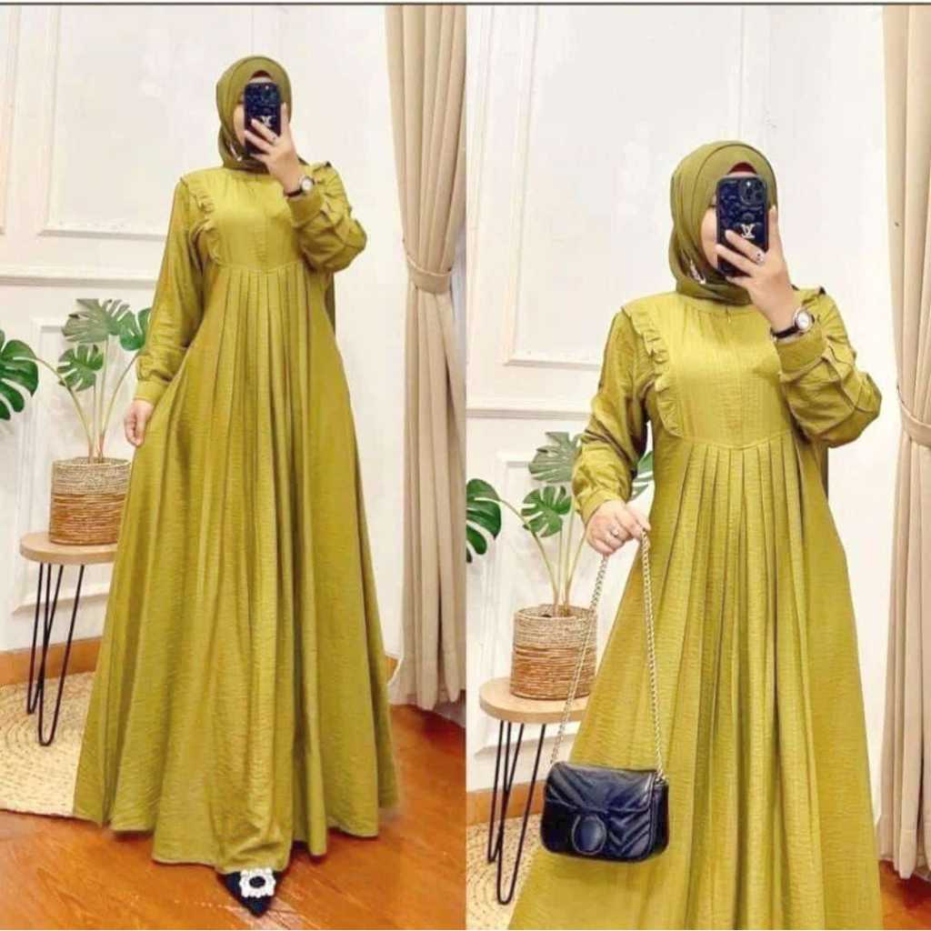 Jual Alisha dress polo linen gamis ruffle wanita kekinian | Shopee ...