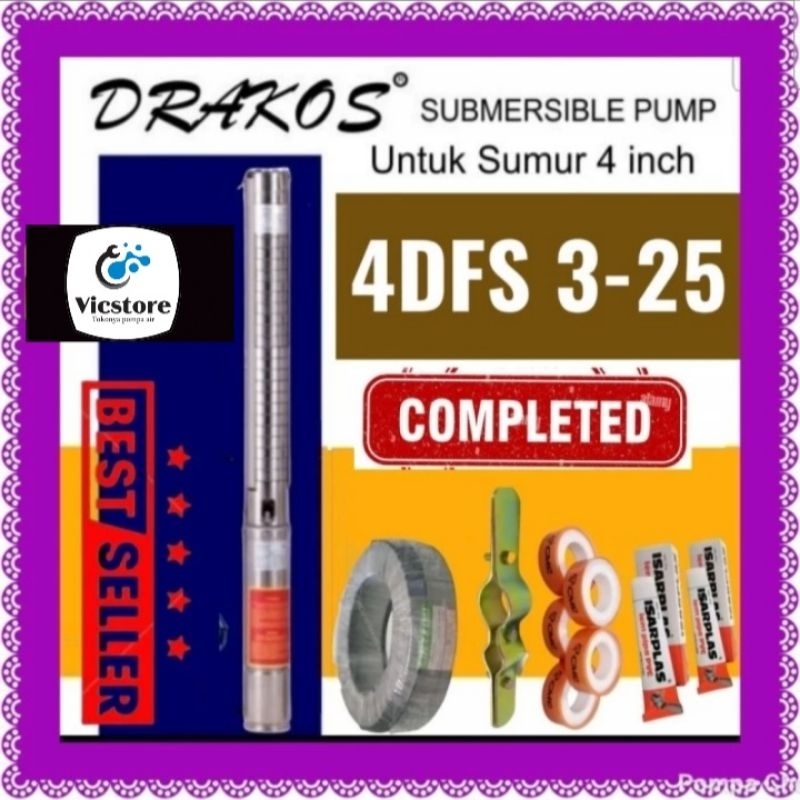 Jual Komplit pompa satelit Drakos 3hp 3phase 4dfs 3/25 4 inch kabel 100 ...