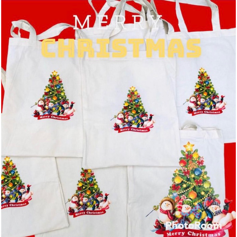 Jual Tas bahan tc sablon Natal putih 32x38cm | Shopee Indonesia