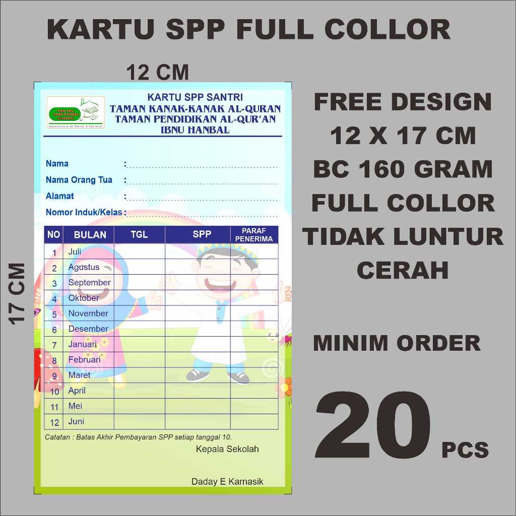 Jual KARTU IURAN / KARTU PEMBAYARAN SPP KAS INFAQ UKURAN 12 X 17 CM ...