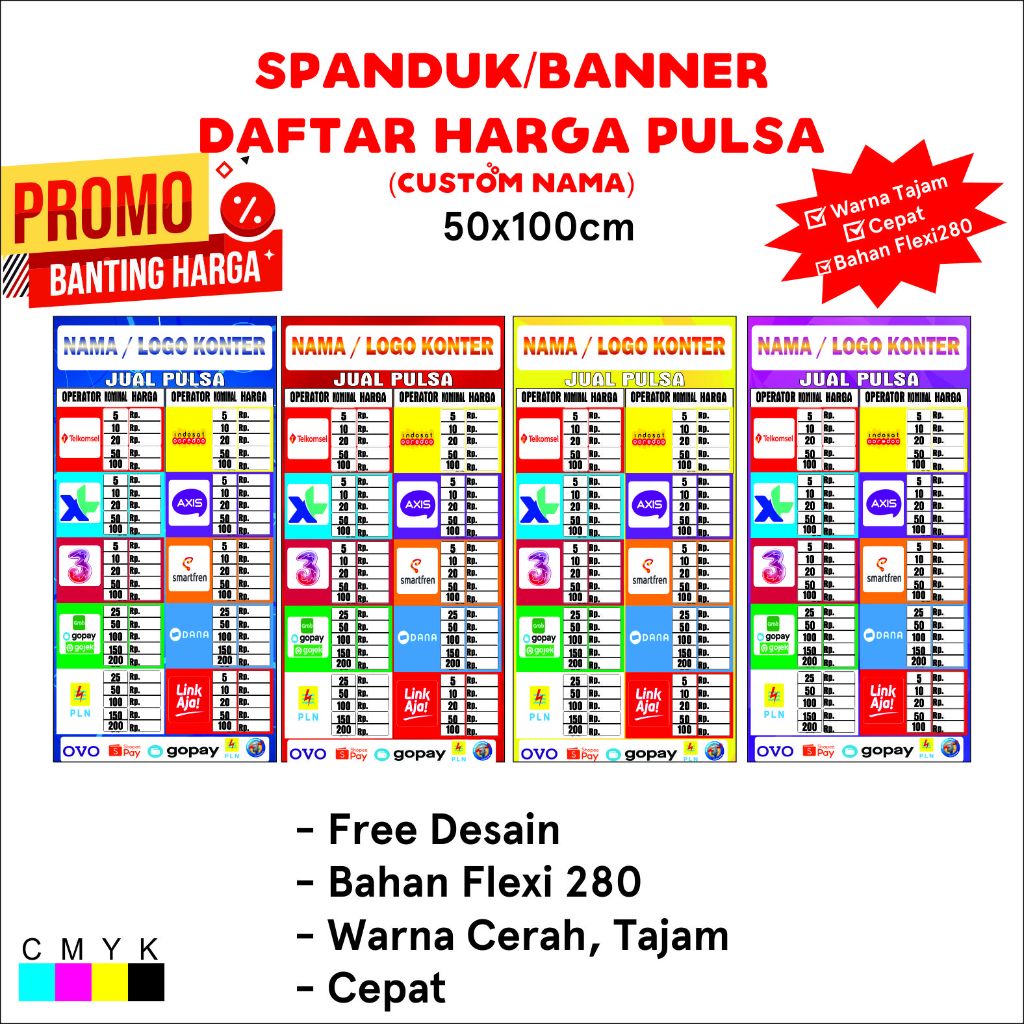Jual CETAK SPANDUK / BANNER KONTER PULSA MURAH ukuran 50x100 free desain | Shopee Indonesia
